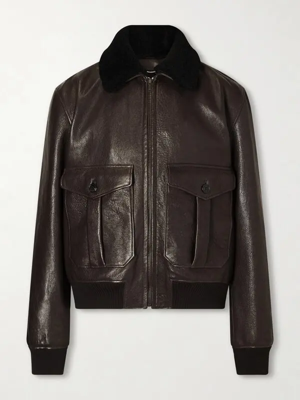 Saint Laurent Shearling-trimmed Full-grain Leather Jacket - Brown