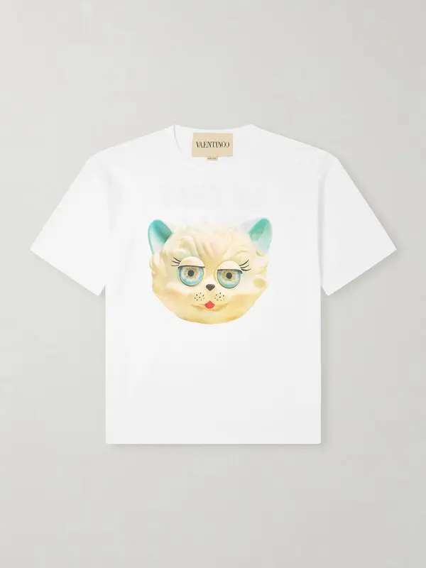 Valentino Garavani Le Chat De La Maison Printed Cotton-jersey T-shirt - Neutrals