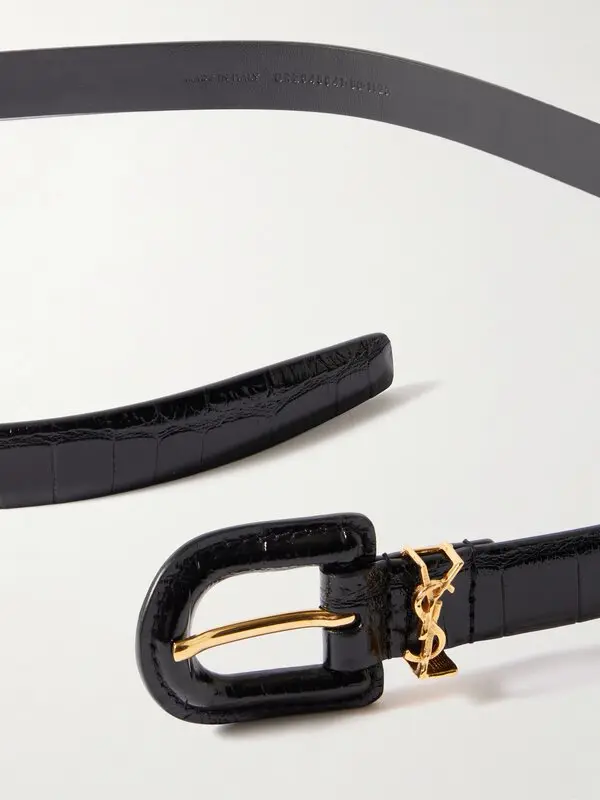 Saint Laurent Cassandre Embellished Croc-effect Leather Belt