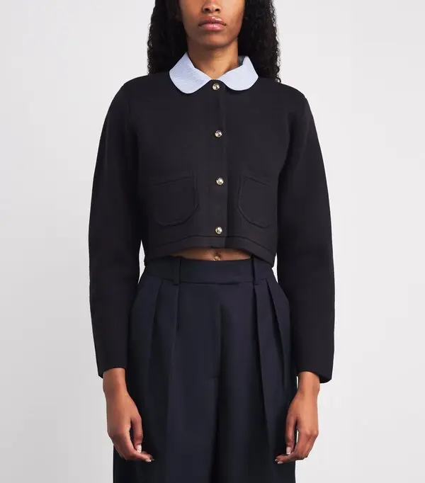 Claudie Pierlot Cropped Knitted Cardigan With Detachable Collar - Blue