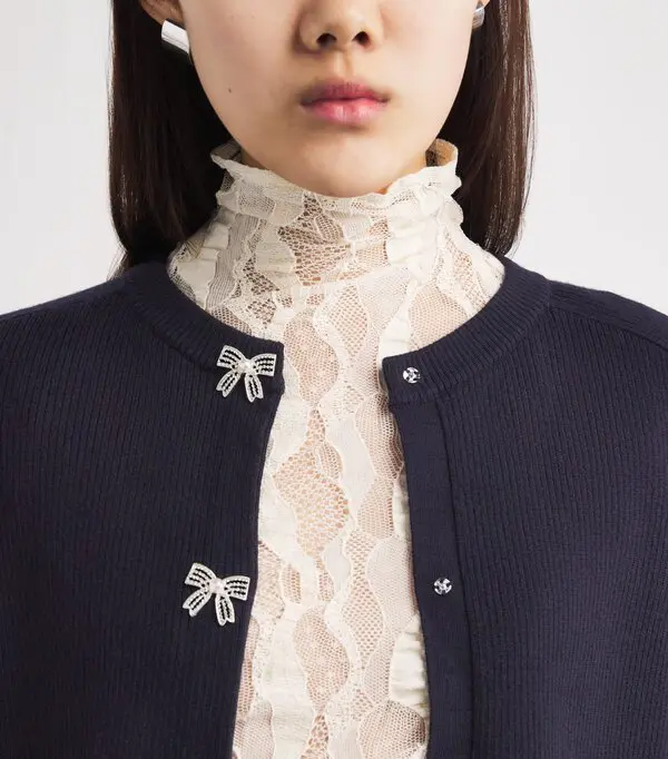 Maje Wool Rib-knit Bow Cardigan - Blue