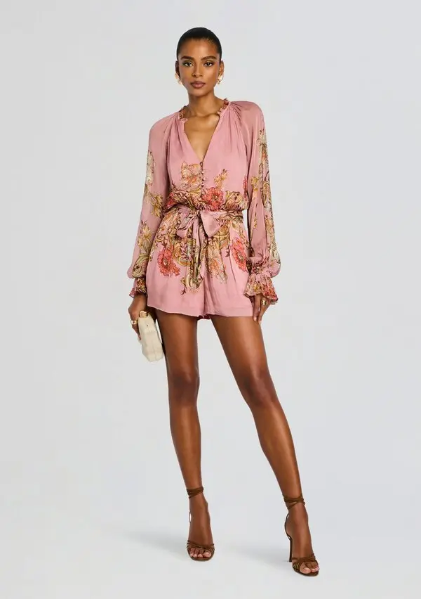 Hemant & Nandita Printed Romper With Tie Belt - Dusty Pink