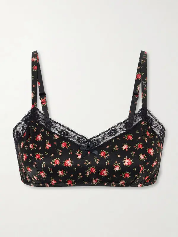 Dolce & Gabbana Lace-trimmed Floral-print Satin Bralette Top - Black