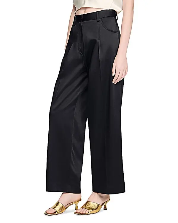 Sandro Satin Effect Wide Leg Trousers - Black