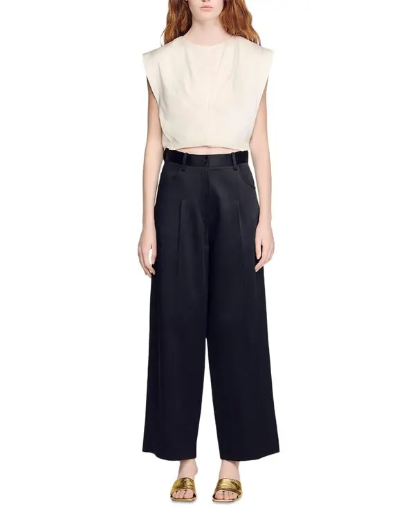 Sandro Satin Effect Wide Leg Trousers - Black