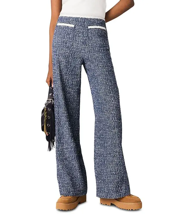 Maje Marled Tweed Wide Leg Trousers - Navy