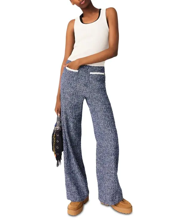 Maje Marled Tweed Wide Leg Trousers - Navy
