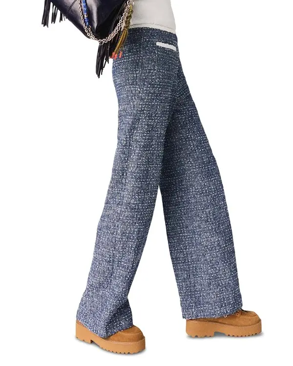 Maje Marled Tweed Wide Leg Trousers - Navy
