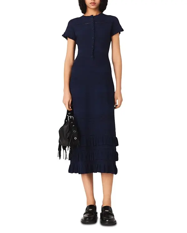 Maje Ruliana Textured Pointelle Midi Dress - Navy