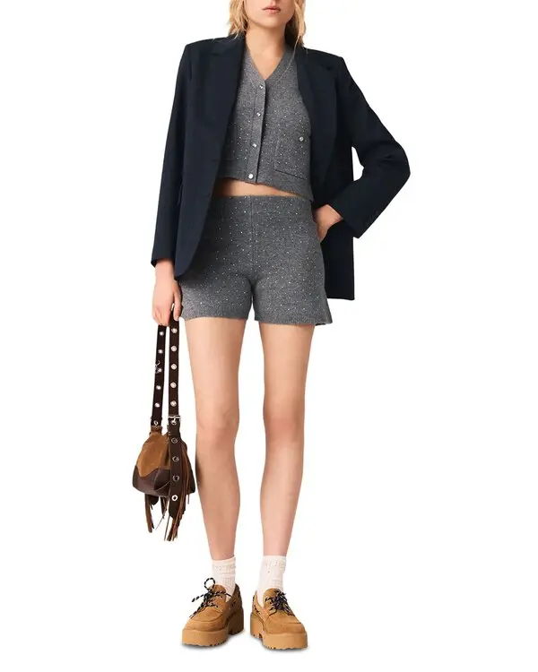 Maje Rhinestone Embellished Knit Shorts