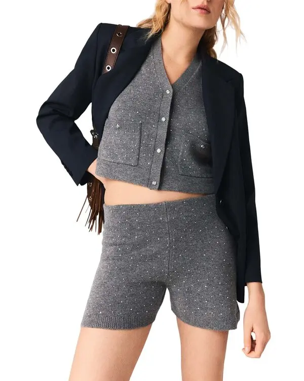 Maje Rhinestone Embellished Knit Shorts
