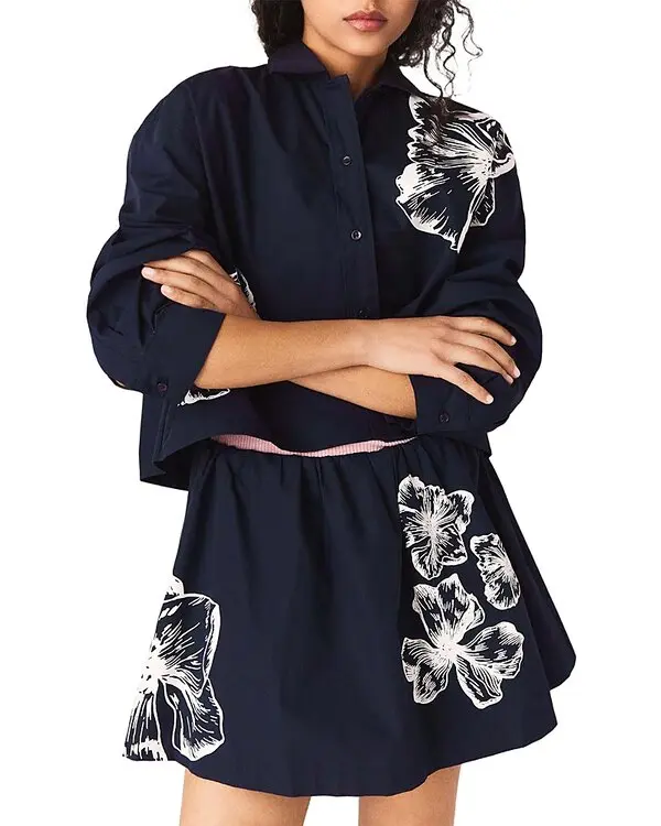 Maje Floral Print Cropped Shirt - Navy