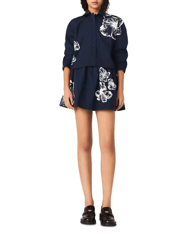 Maje Floral Print Cropped Shirt - Navy