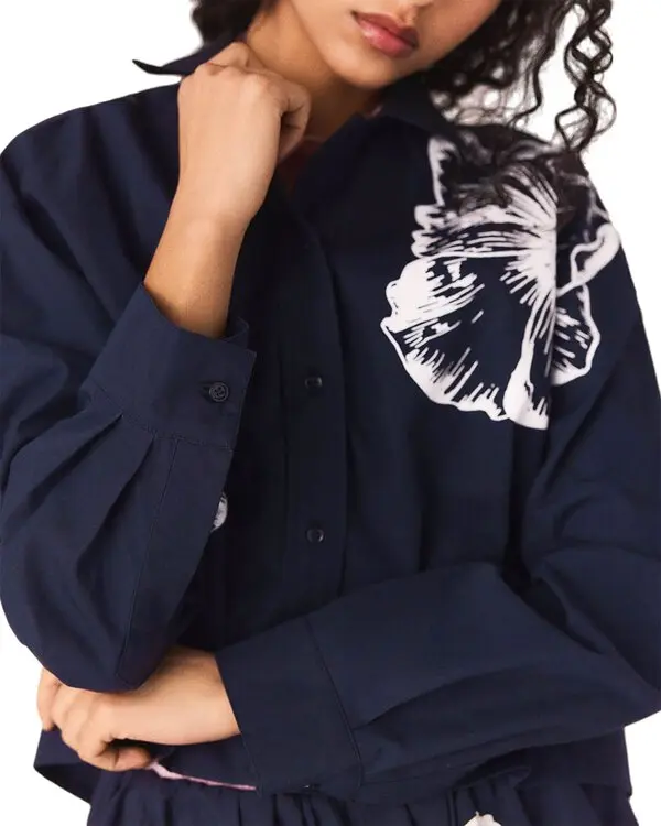 Maje Floral Print Cropped Shirt - Navy