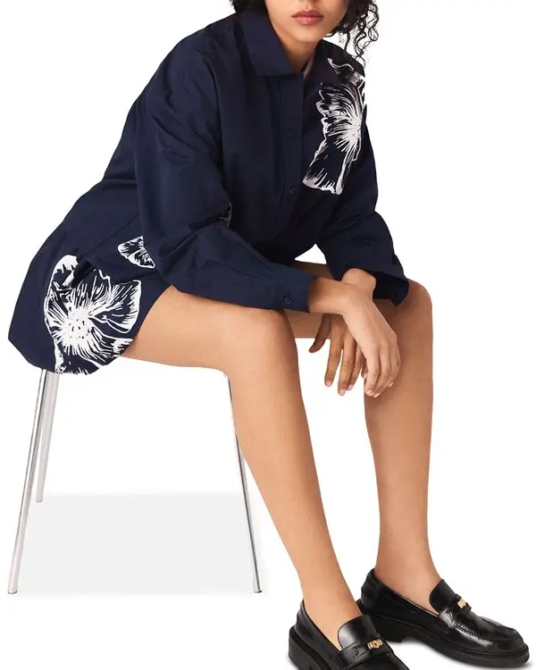 Maje Floral Print Cropped Shirt - Navy