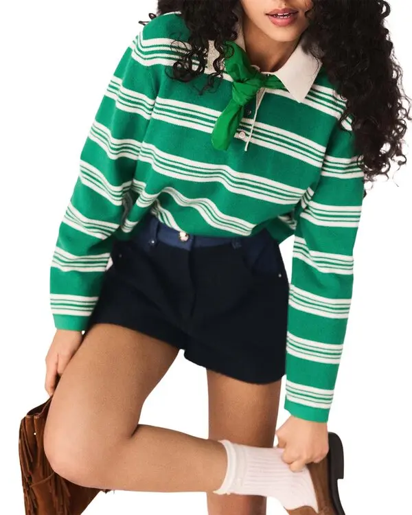 Maje Cropped Striped Polo Top - Green