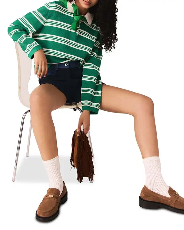 Maje Cropped Striped Polo Top - Green