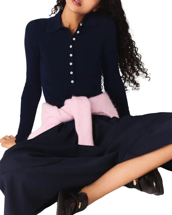 Maje Ribbed Polo Sweater - Navy