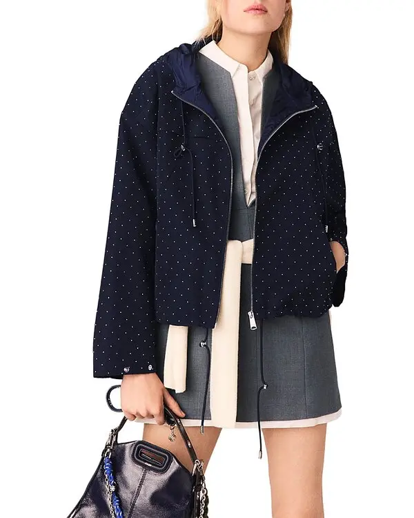 Maje Rhinestone Hooded Windbreaker - Navy