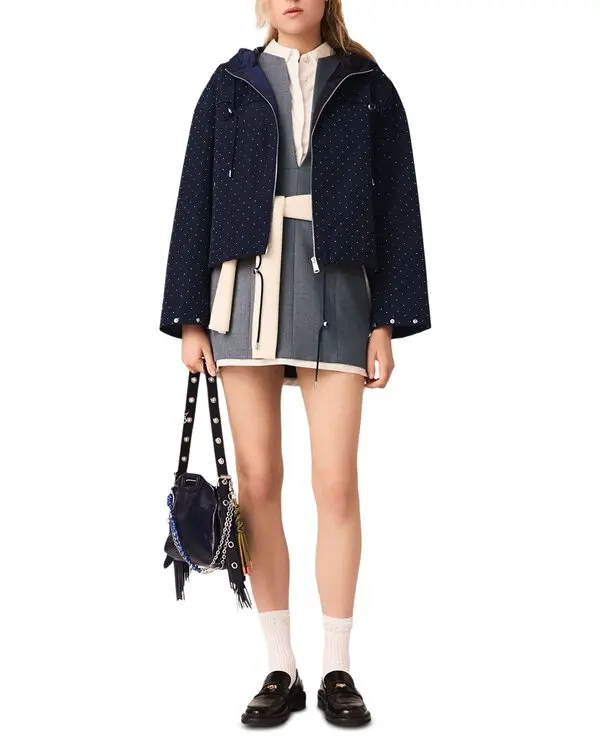 Maje Rhinestone Hooded Windbreaker - Navy