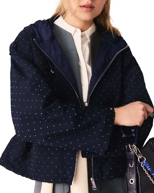 Maje Rhinestone Hooded Windbreaker - Navy