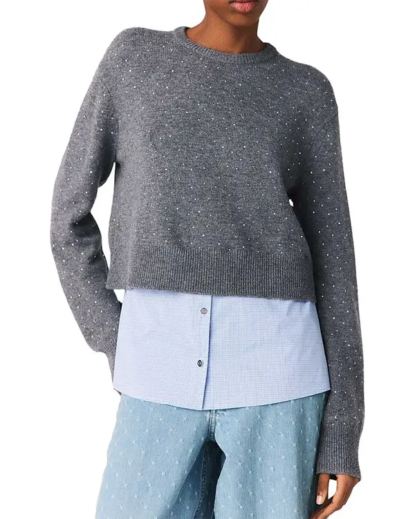 Maje Rhinestone Sweater With Poplin Shirt Detail - Grey