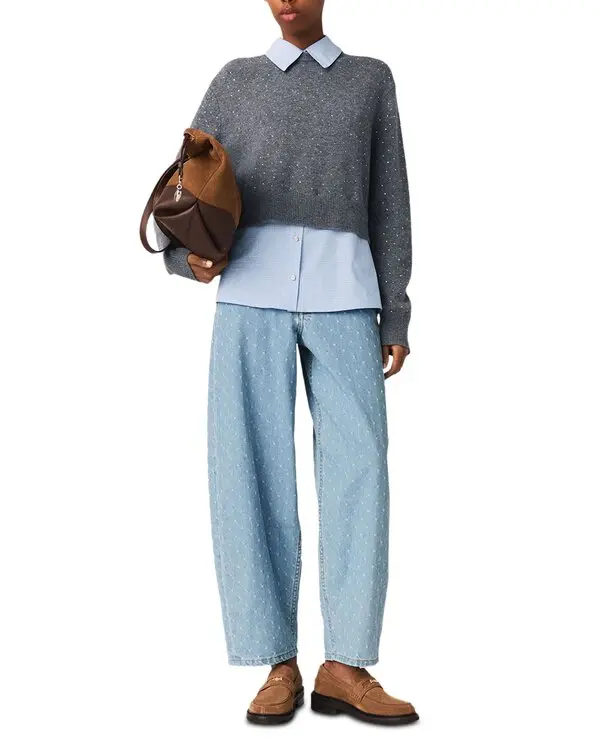Maje Rhinestone Sweater With Poplin Shirt Detail - Grey