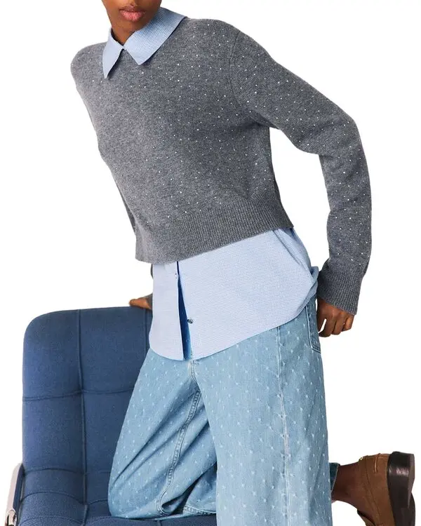 Maje Rhinestone Sweater With Poplin Shirt Detail - Grey