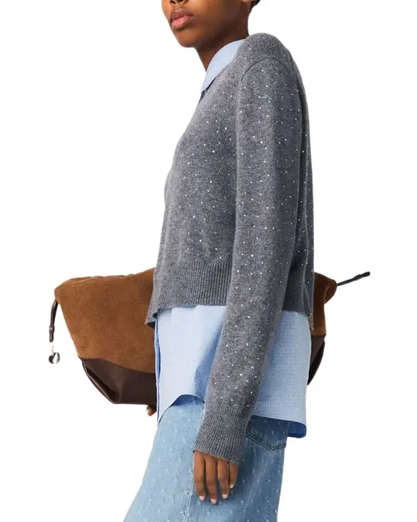Maje Rhinestone Sweater With Poplin Shirt Detail - Grey