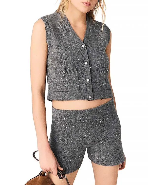 Maje Rhinestone Embellished Knit Vest
