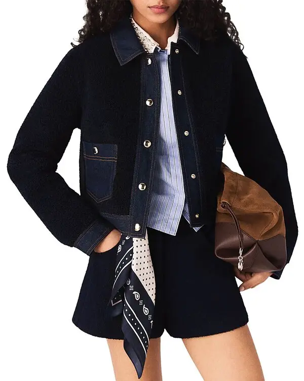 Maje Boucle Denim Trucker Jacket - Navy
