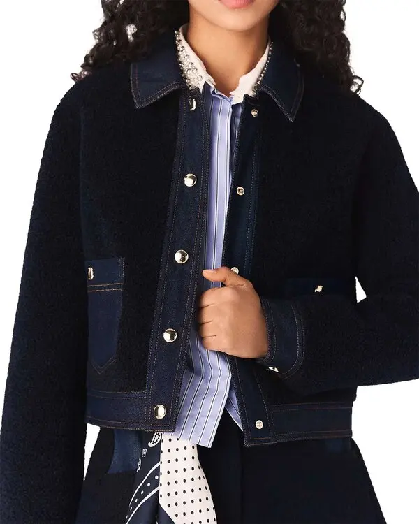Maje Boucle Denim Trucker Jacket - Navy