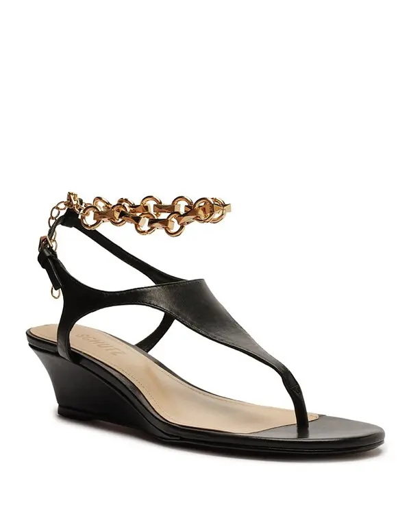 Schutz Lys Leather Wedge Sandals With Chain Detailing - Black