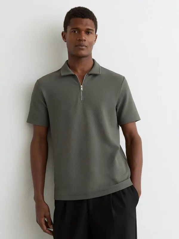 REISS Forno Half-zip Textured Polo Shirt - Sage Green