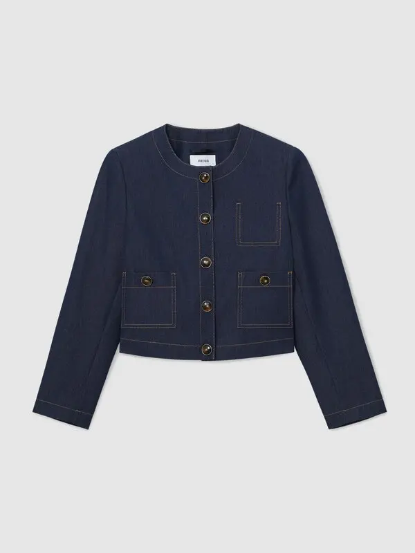 REISS Edie Collarless Denim-look Cropped Jacket