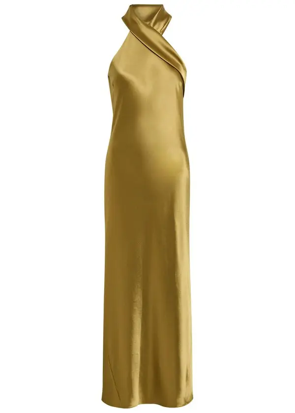 Galvan Cascading Satin Maxi Dress - Green