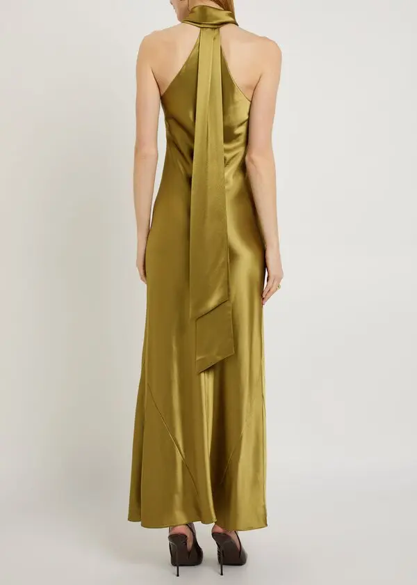 Galvan Cascading Satin Maxi Dress - Green