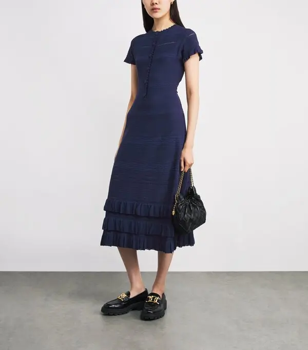 Maje Knitted Ruffle-Detail Midi Dress - Blue | Editorialist