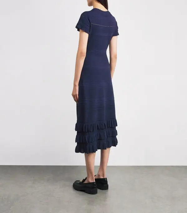 Maje Knitted Ruffle-Detail Midi Dress - Blue | Editorialist