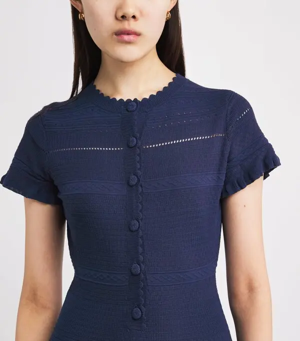 Maje Knitted Ruffle-Detail Midi Dress - Blue | Editorialist