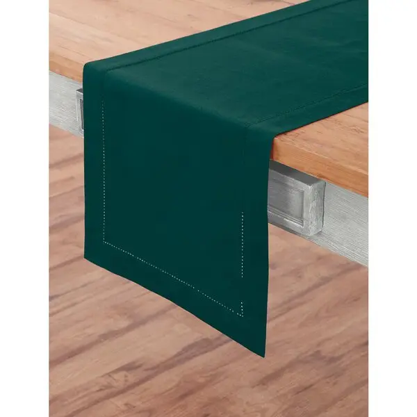SOLINO HOME Cotton Hemstitch Table Runner For Dining Table, Holiday And Everyday Table Decor - Dark Green