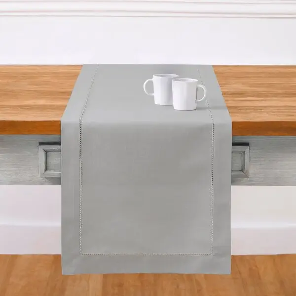 Solino Home Cotton Hemstitch Table Runner For Dining Table - Light Grey