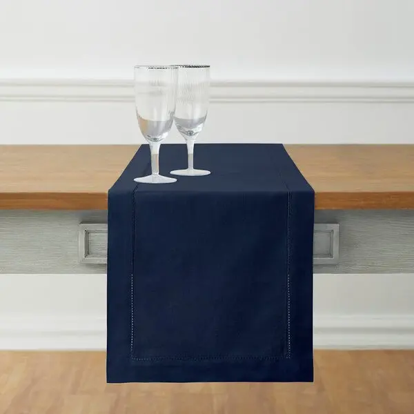 Solino Home Cotton Hemstitch Table Runner For Dining Table - Navy