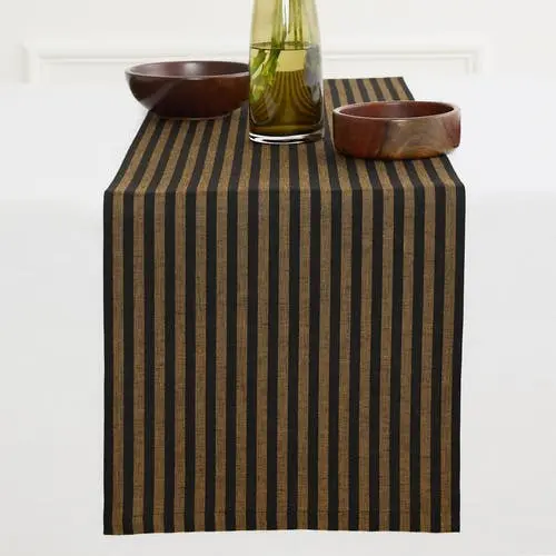 SOLINO HOME Linen Table Runneramalfi Stripe - Brown Sugar And Black