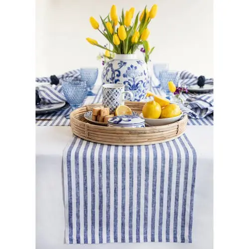 SOLINO HOME Linen Table Runneramalfi Stripe - Navy And White