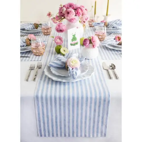 SOLINO HOME Linen Table Runneramalfi Stripe - Sky Blue And White