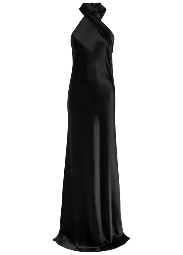 Galvan Cascading Satin Gown - Black