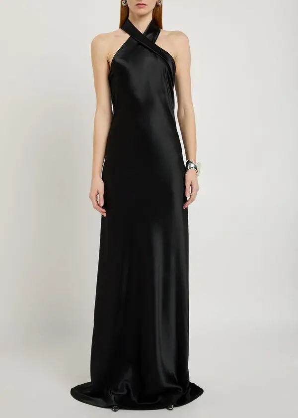 Galvan Cascading Satin Gown - Black