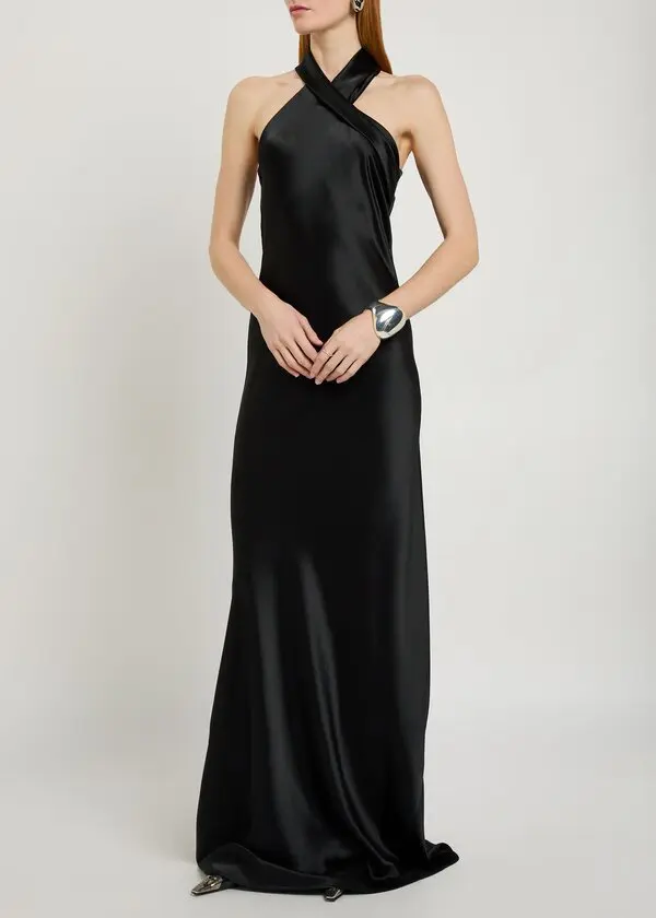 Galvan Cascading Satin Gown - Black