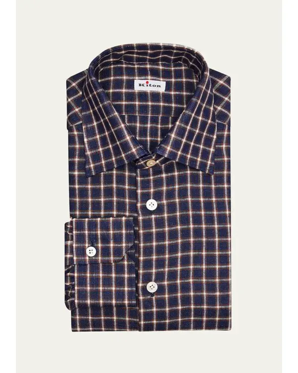 Kiton Linen-blend Windowpane Plaid Dress Shirt